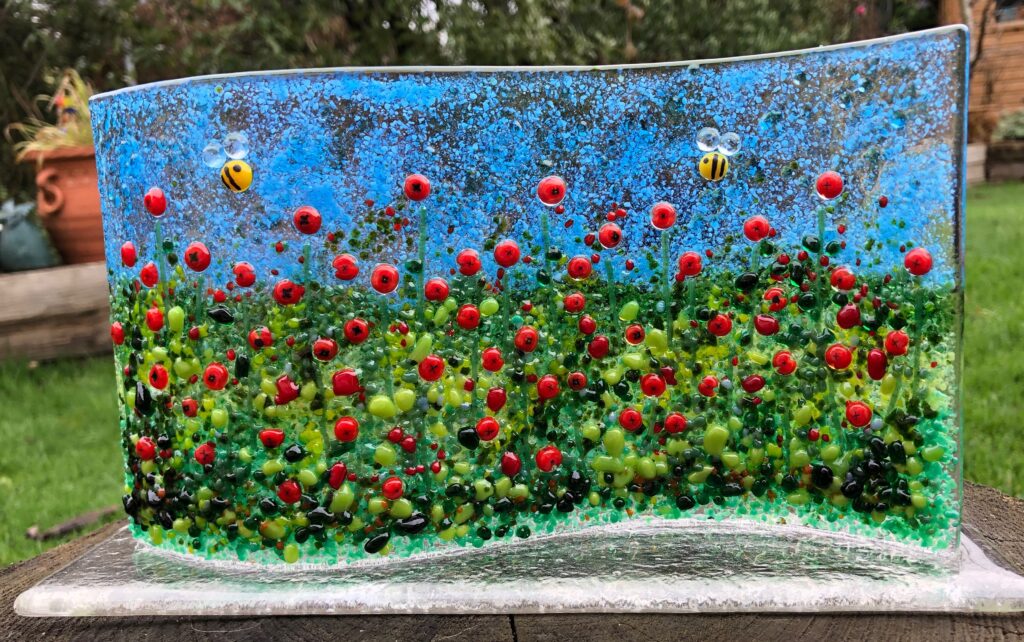 Poppy Meadow Wave on a Glass Plinth - Ginger Cat Glass